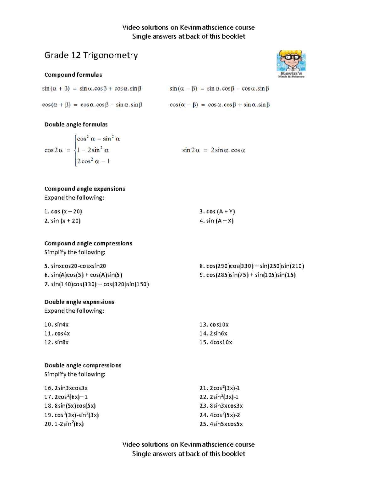 Grade 12 Trigonometry Worksheet - Kevinmathscience Practice Problems ...