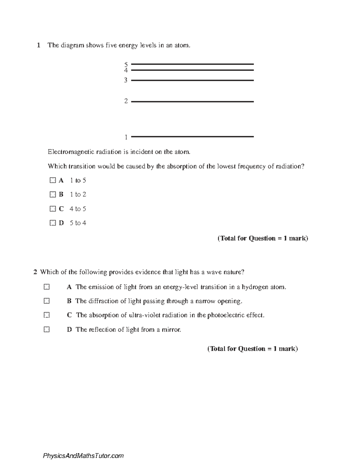 Photoelectric Effect & Atomic Spectra (Multiple Choice) QP - Studocu
