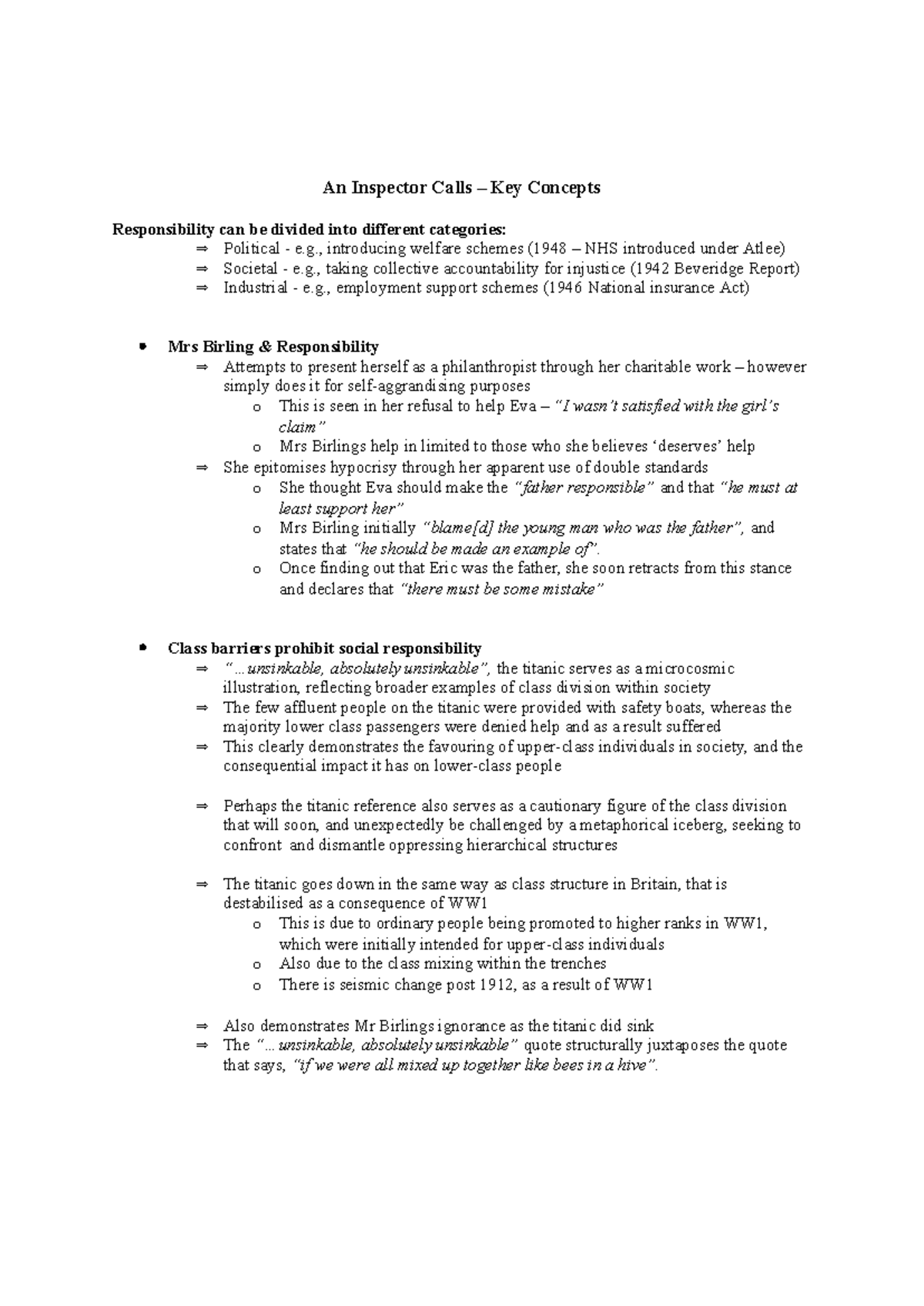 AIC - key concepts - Key notes on An Inspector Calls - An Inspector ...