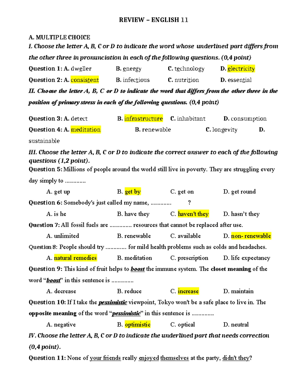 REVIEW 11 (10 NAM) - ENGLISH 11 KEY - Exam Questions and Answers - Studocu