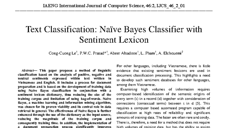 IJCS 46:2 - Text Classification Using Naïve Bayes and Sentiment Lexicon ...