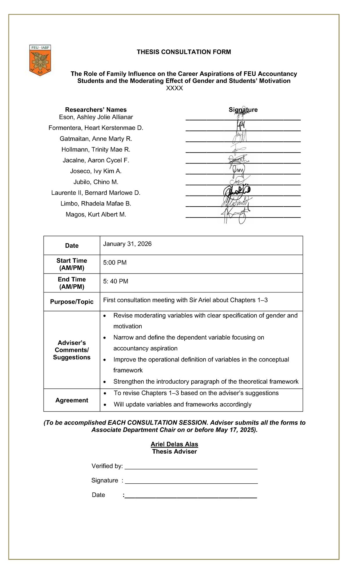 THESIS CONSULTATION FORM: Family Influence on Career Aspirations in FEU ...