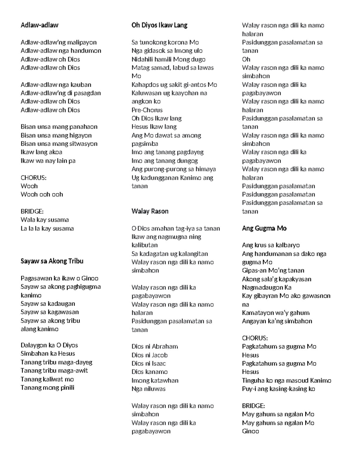 Adlaw-adlaw nga Pagsimba ug Pasalamat: Retret nga Awit - Studocu