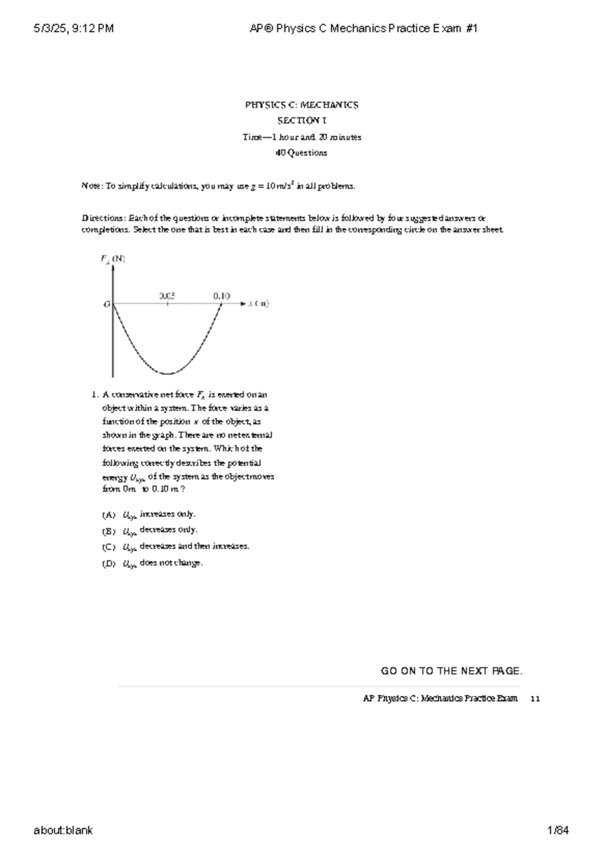 AP® Physics C Mechanics Practice Exam #1 Solutions & Analysis - Studocu