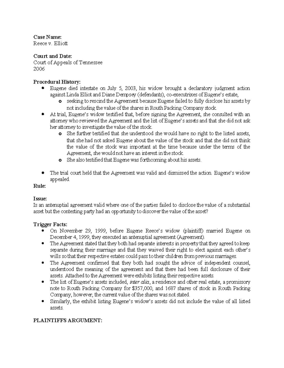 Reece v. Elliott - Case brief - Case Name: Reece v. Elliott Court and ...