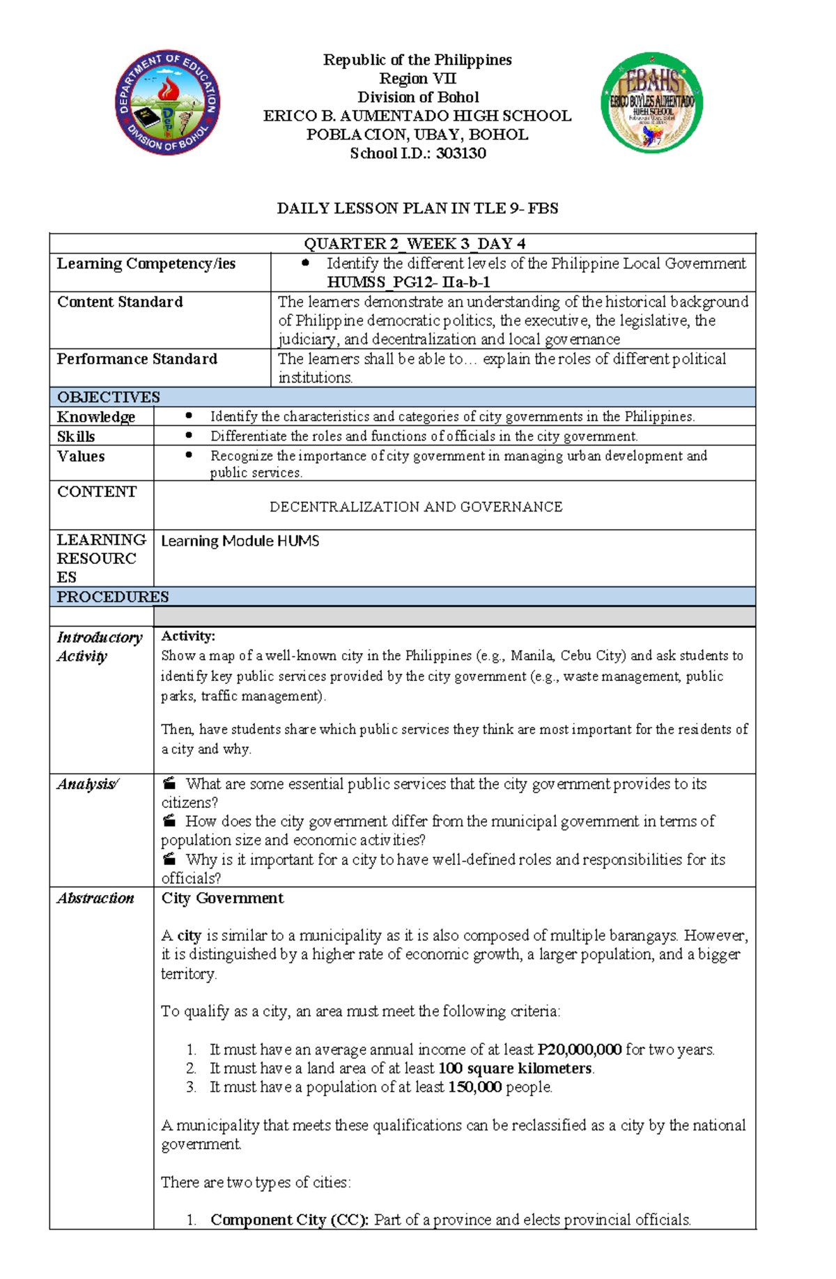 PPG 11 Daily Lesson Plan: Understanding City Government in the PH - Studocu