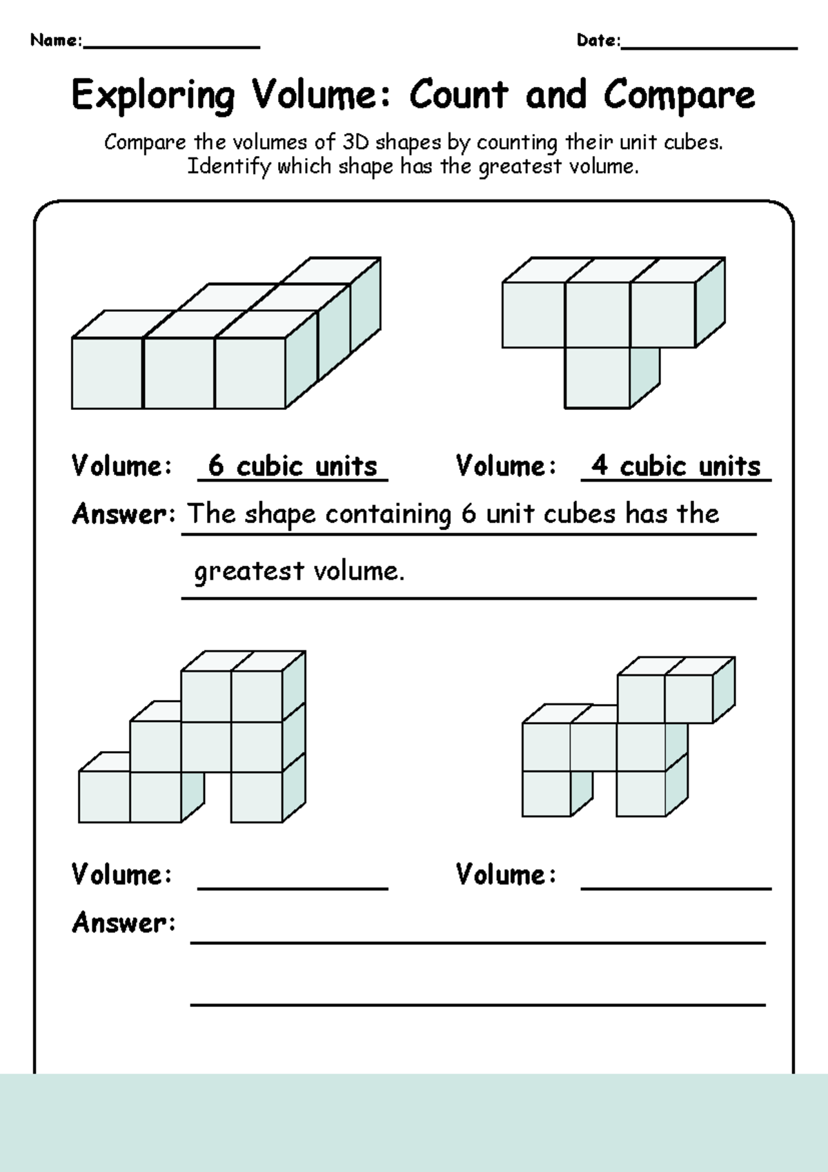 Exploring Volume Comparison - 5th Grade Worksheet - Name: Date: Answer ...