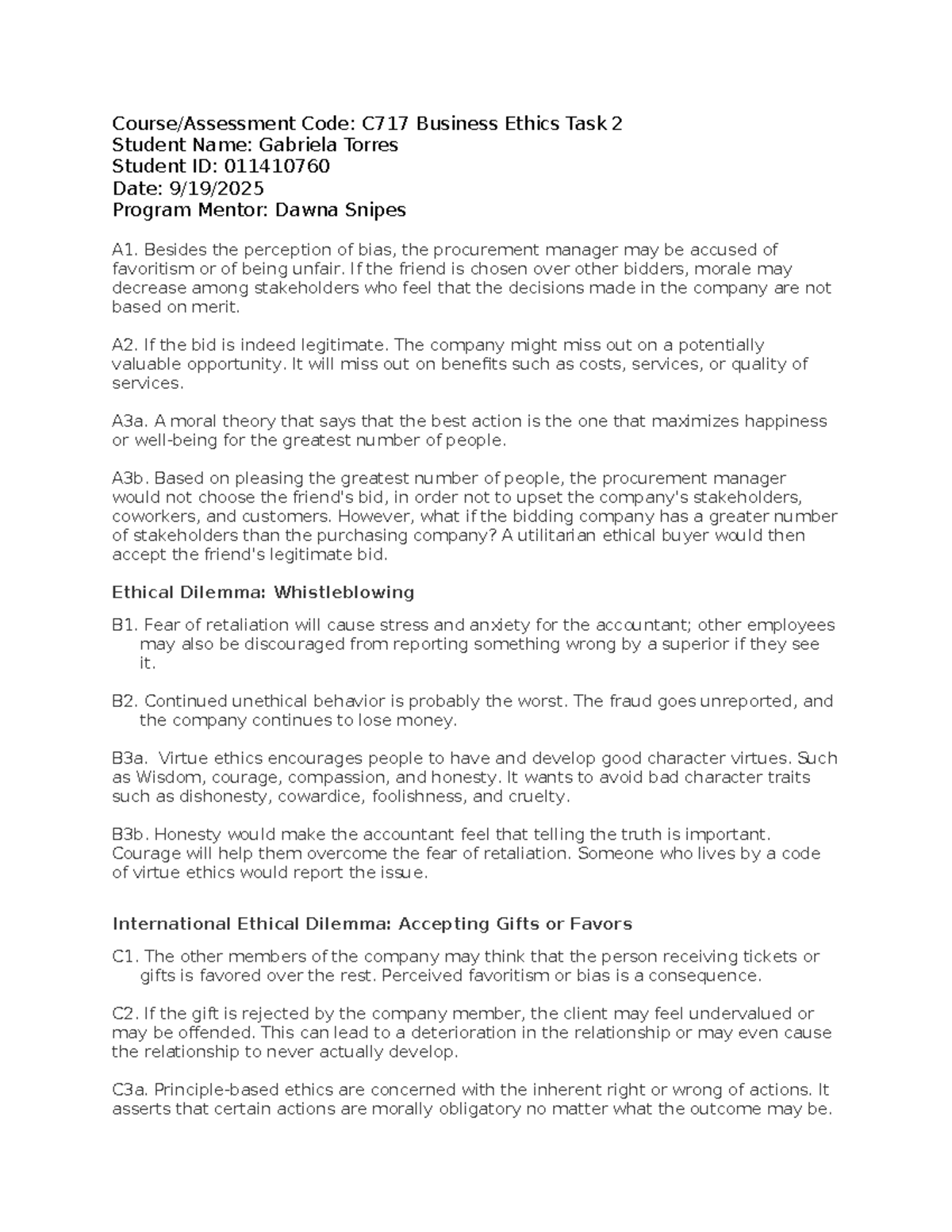 Business Ethics C717 Task 2: Ethical Dilemmas and Theories - Studocu