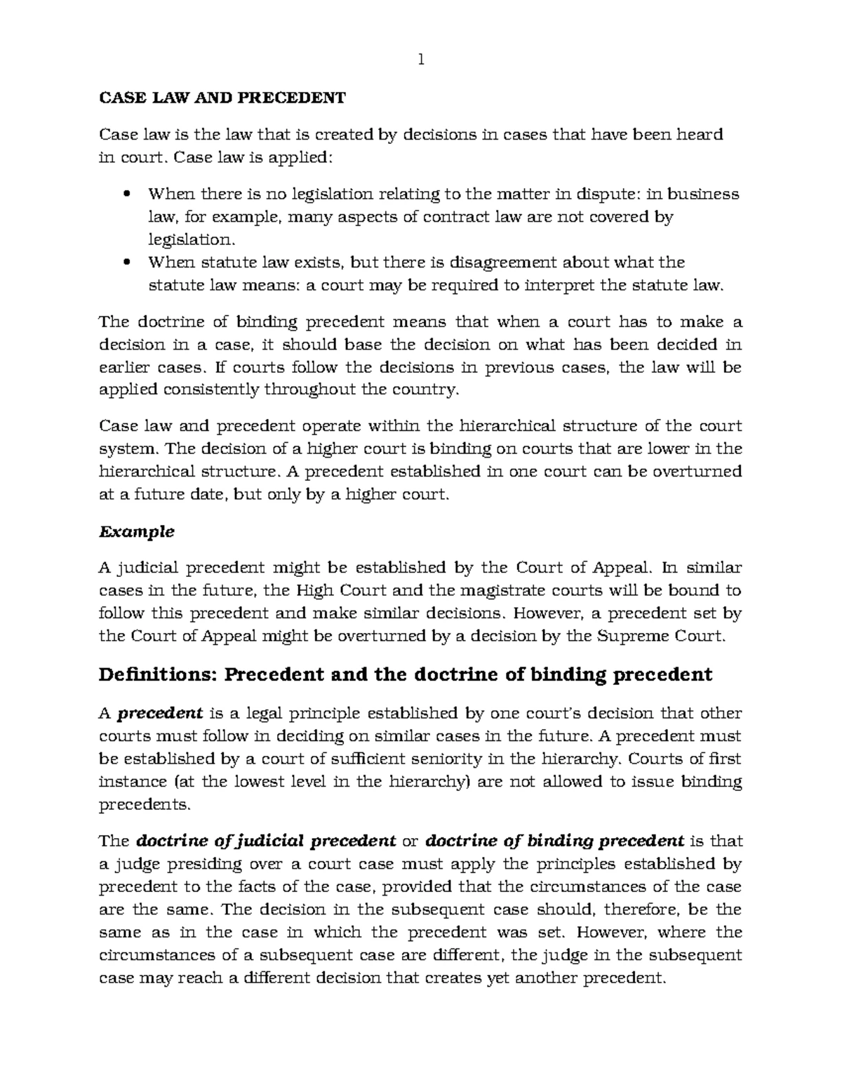 CASE LAW AND Precedent - clear and simplified notes - CASE LAW AND ...