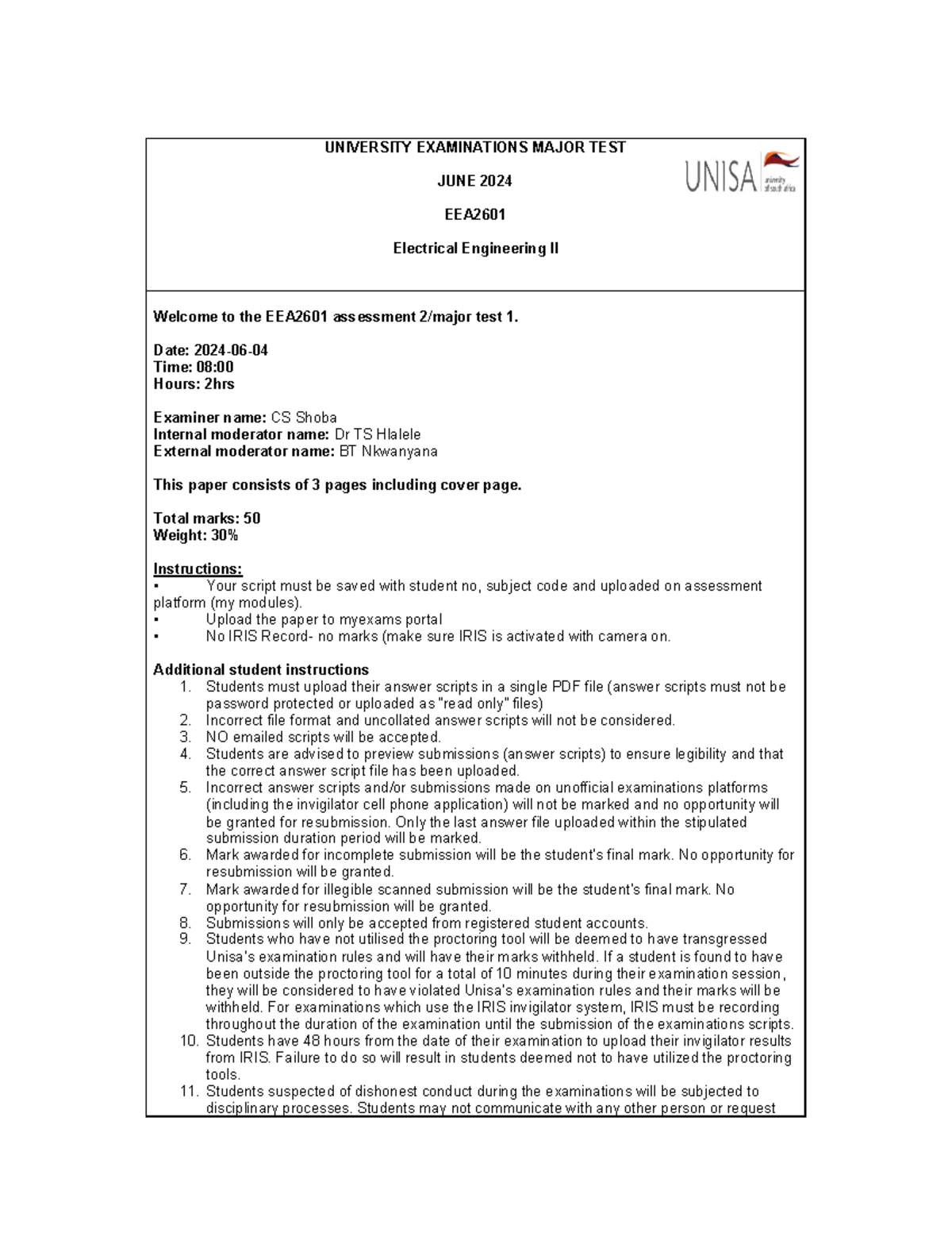 EEA2601 2024 Major Test 1 - UNIVERSITY EXAMINATIONS MAJOR TEST JUNE ...