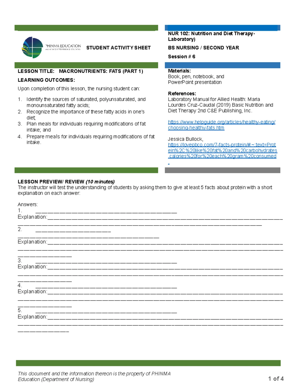 NUR 102: Lesson 7 - Macronutrients: Fats (Part 2) Activity Sheet - Studocu