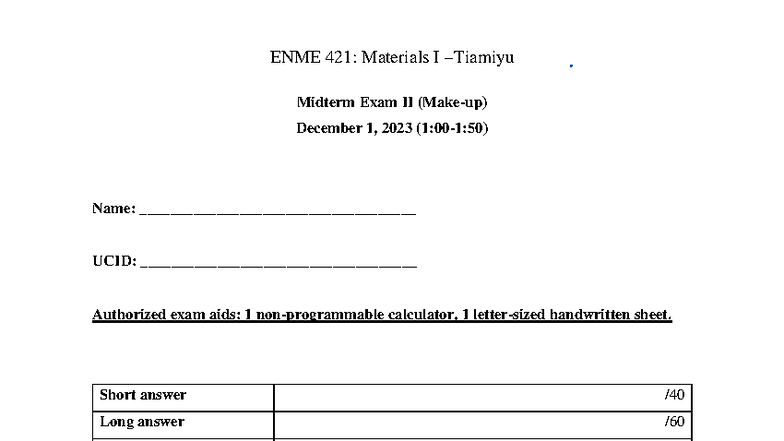 ENME 421: Materials I Midterm Exam II Solutions - Fall 2023 - Studocu