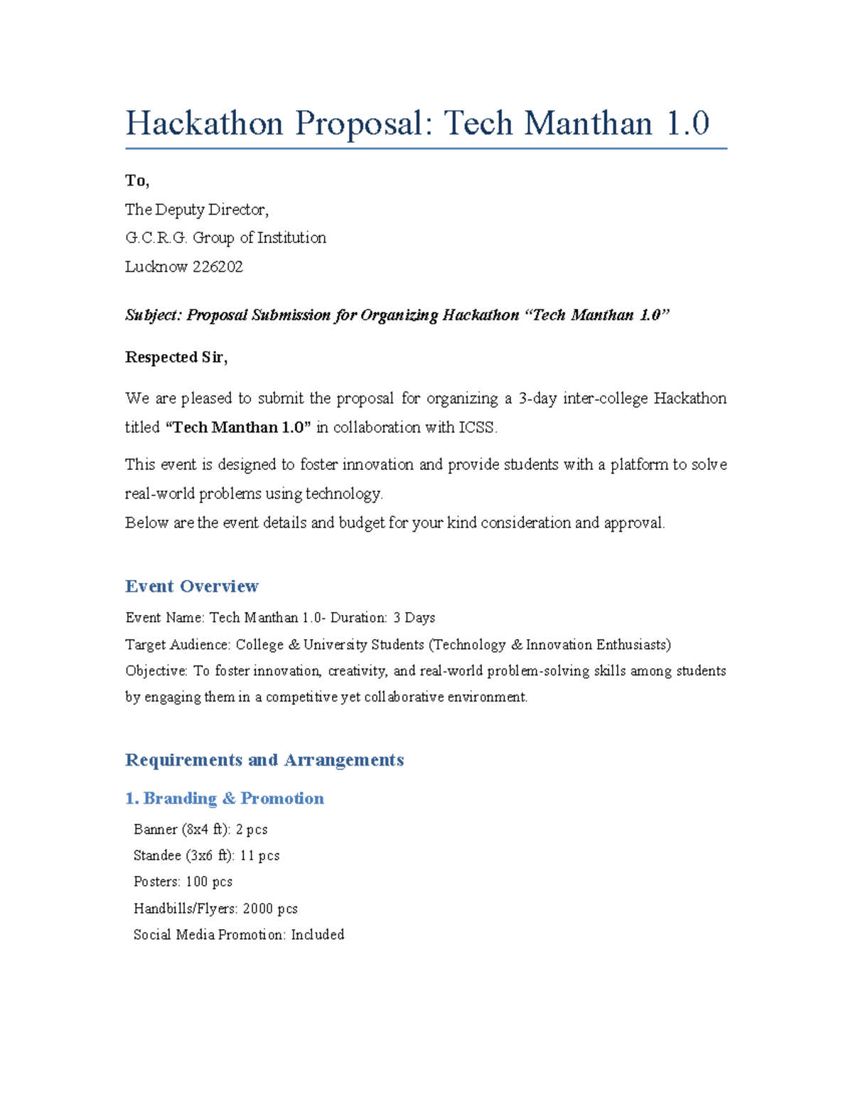 Tech Manthan 1.0 Hackathon Proposal Submission to G.C.R.G. Group - Studocu