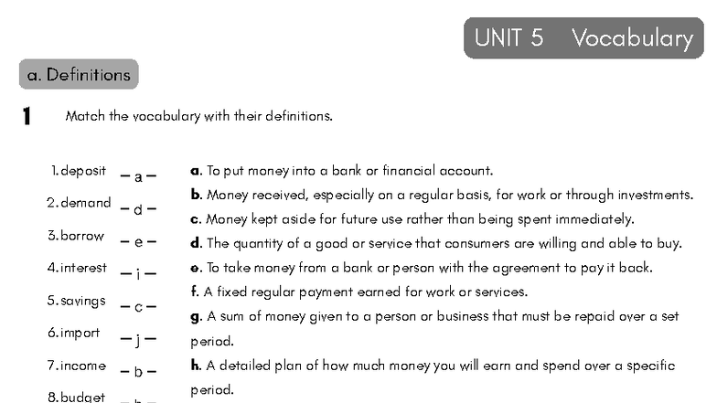 UNIT 5 Vocabulary Worksheet Answer Key: Definitions & Exercises - Studocu
