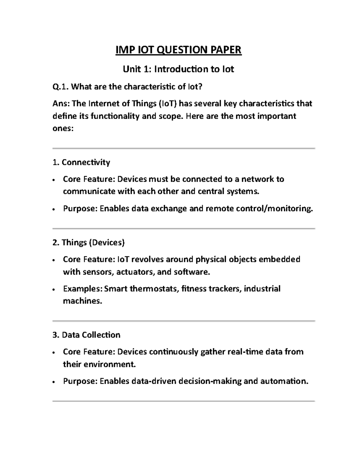 IMP IOT QUESTION PAPER - Unit 1: Key Characteristics & Technologies ...