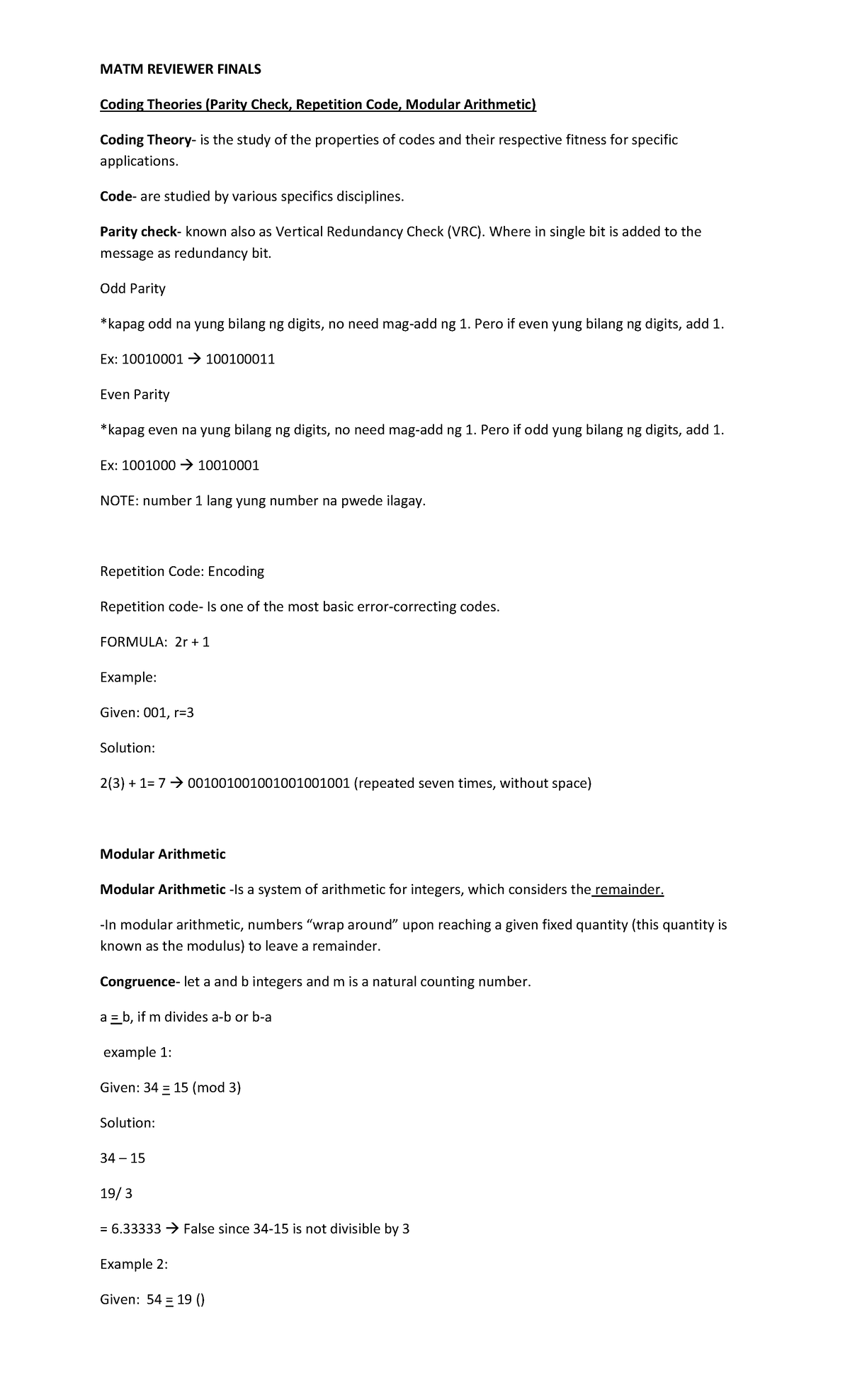 MATM- Reviewer- Finals - MATM REVIEWER FINALS Coding Theories (Parity Check, Repetition Code ...
