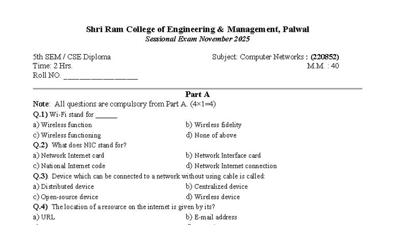 CSE Diploma 5th SEM Computer Networks Sessional Exam Nov 2025 - Studocu
