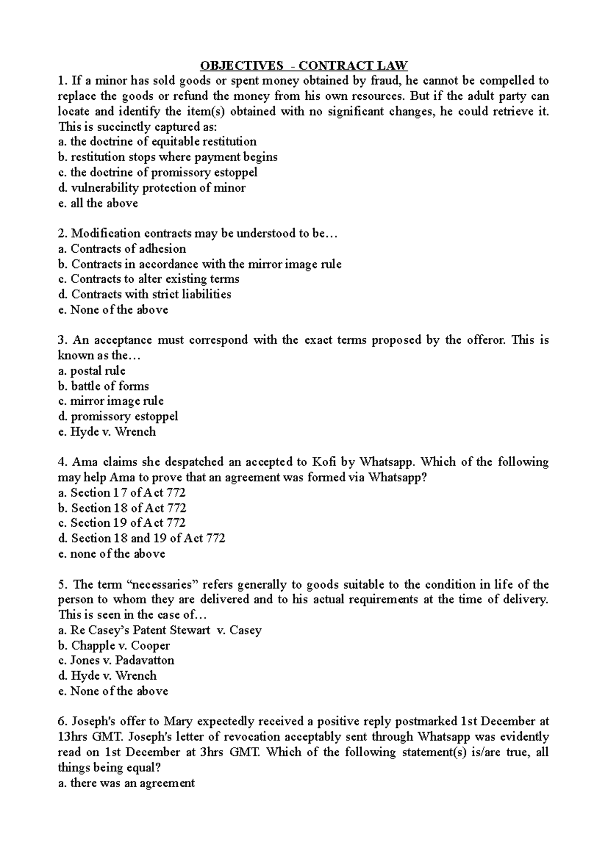 Contract LAW I Objectives: Key Principles and Case Studies - Studocu