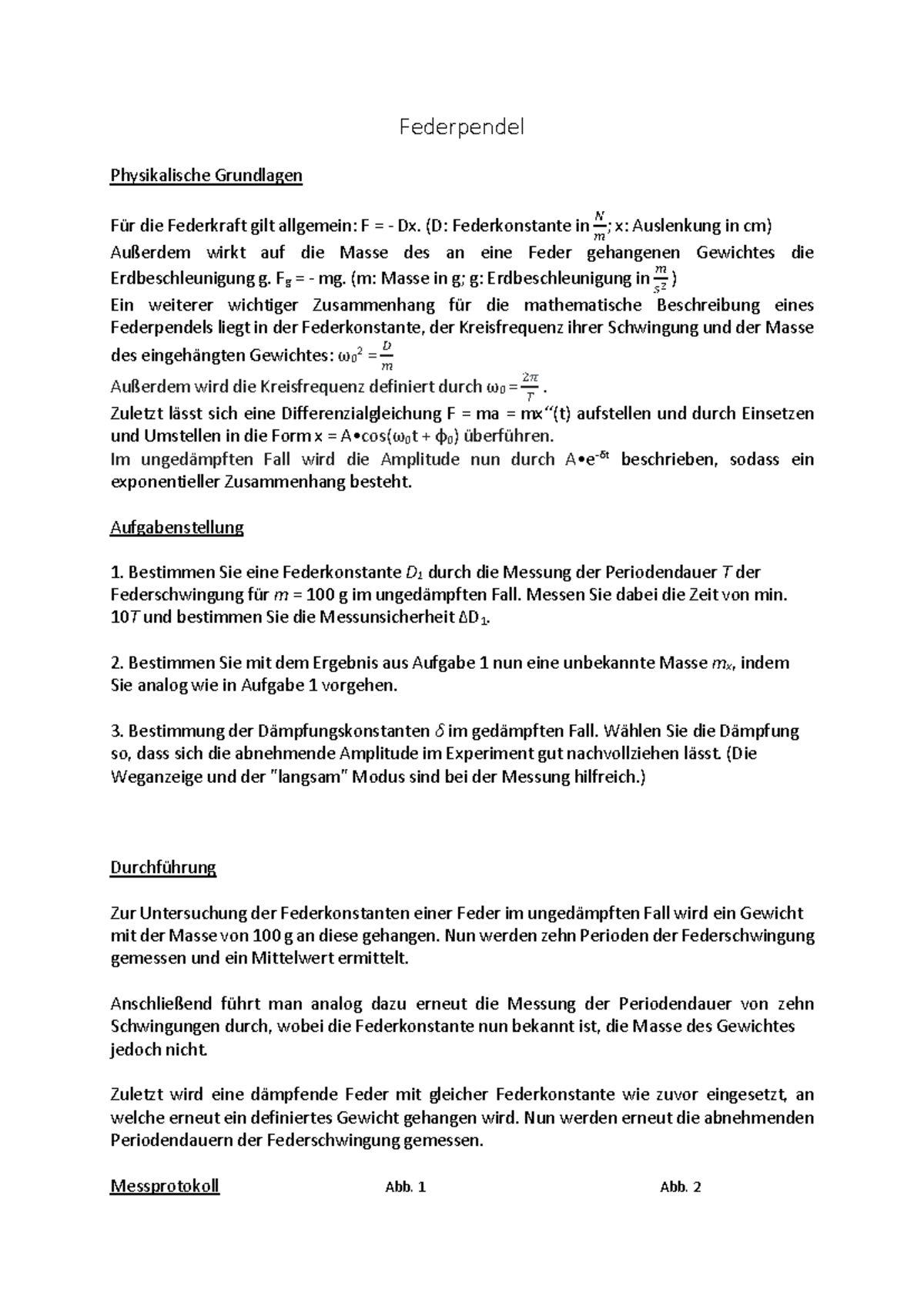 Federpendel Protokoll - Federpendel Physikalische Grundlagen Für die ...