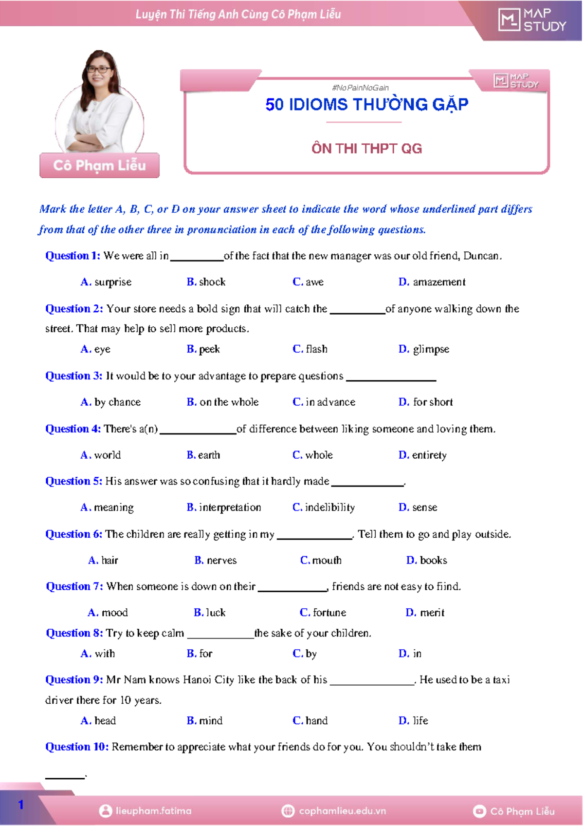 50 IDIOMS THƯỜNG GẶP - ÔN THI THPT QG - Studocu