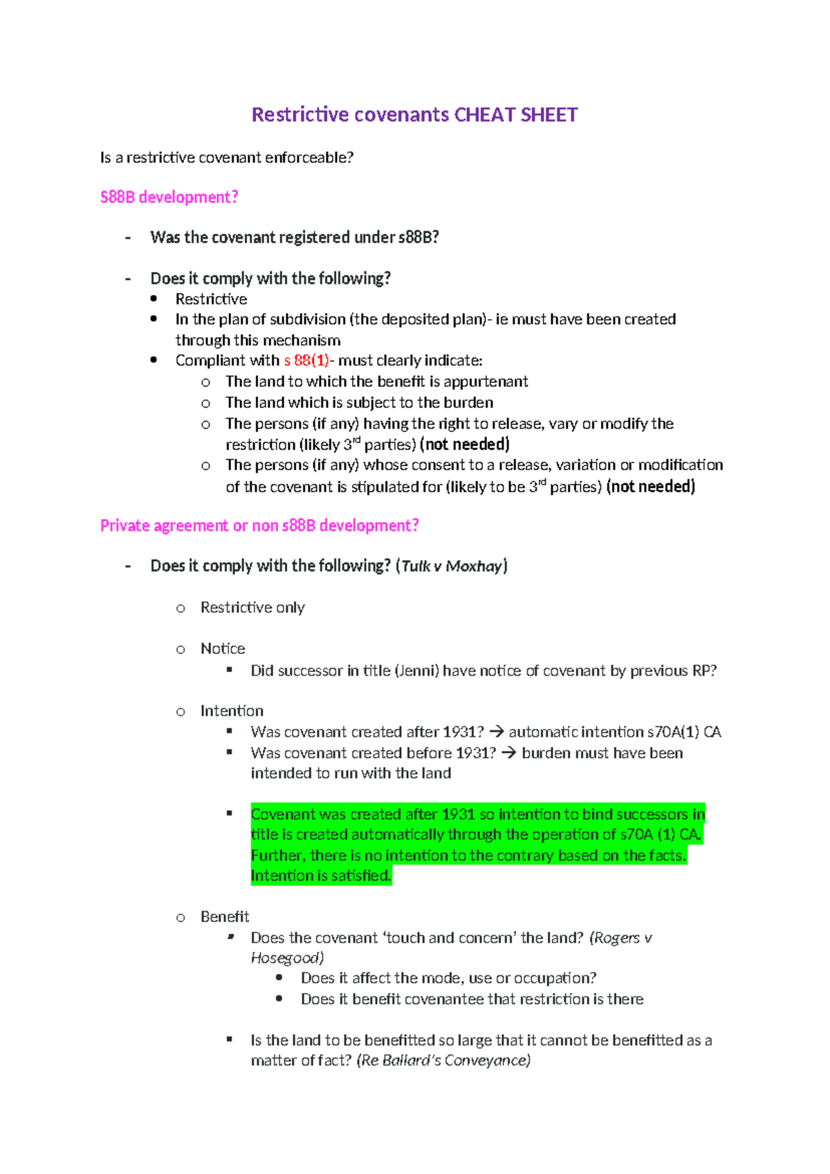 Restrictive Covenants: Key Points Cheat Sheet for Real Estate Law - Studocu
