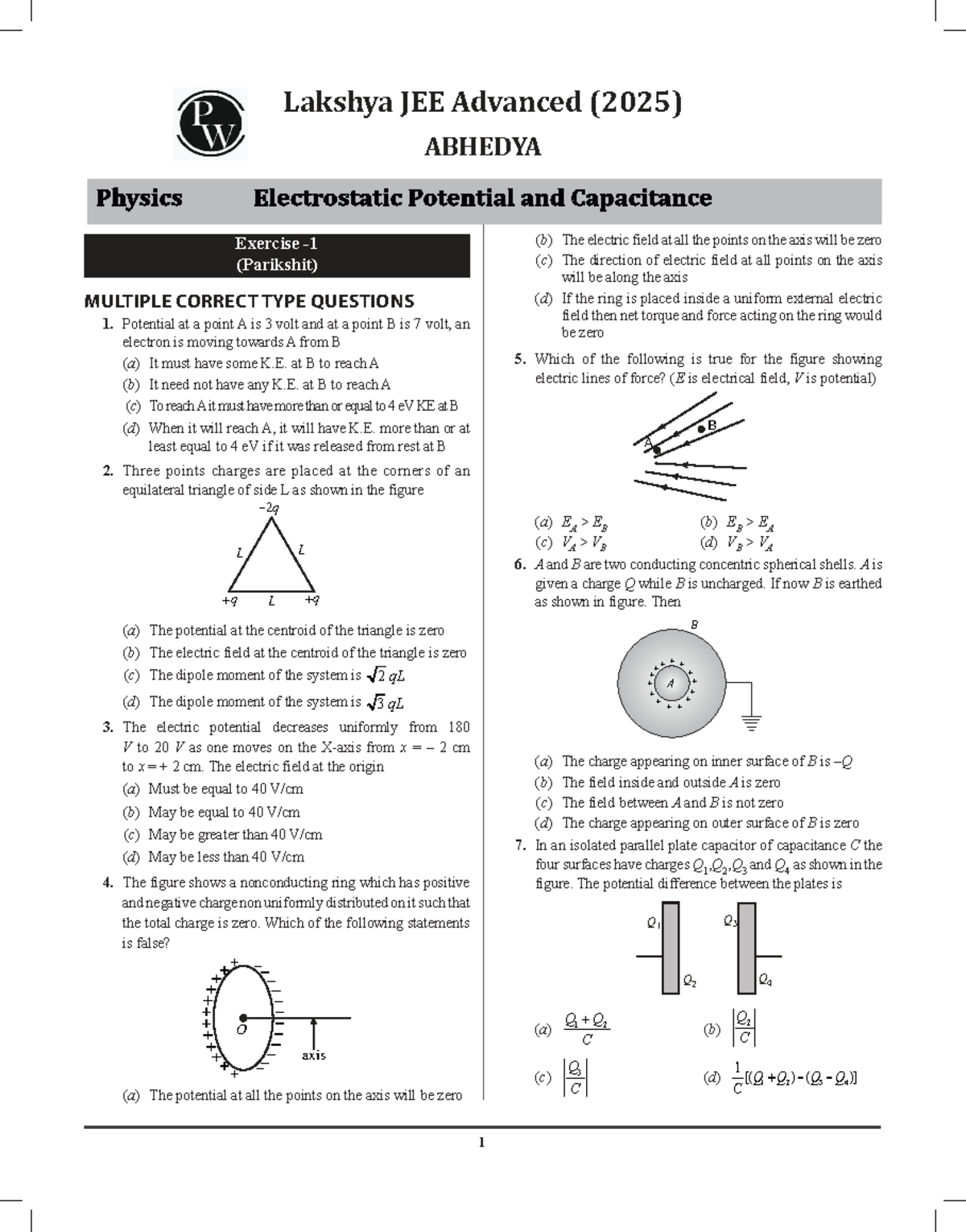 Electrostatic Potential and Capacitance Practice Sheet for JEE Adv ...
