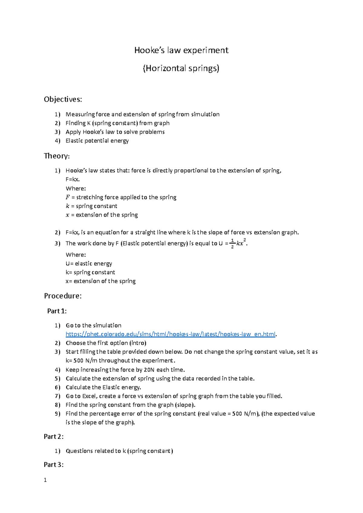 Hooke's Law Experiment: Understanding Spring Constants and Forces - Studocu