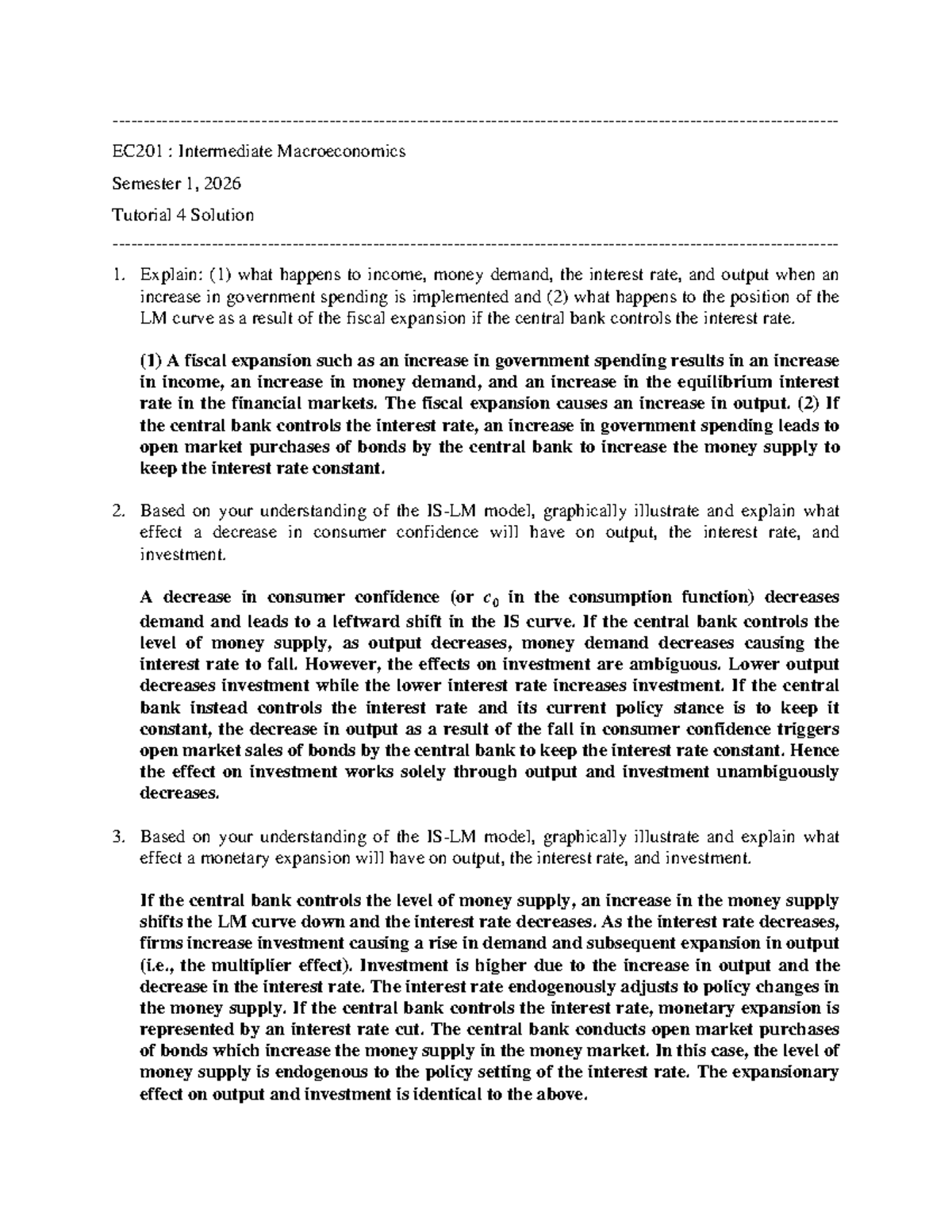 EC201: Intermediate Macroeconomics Tutorial 4 Solutions - Studocu