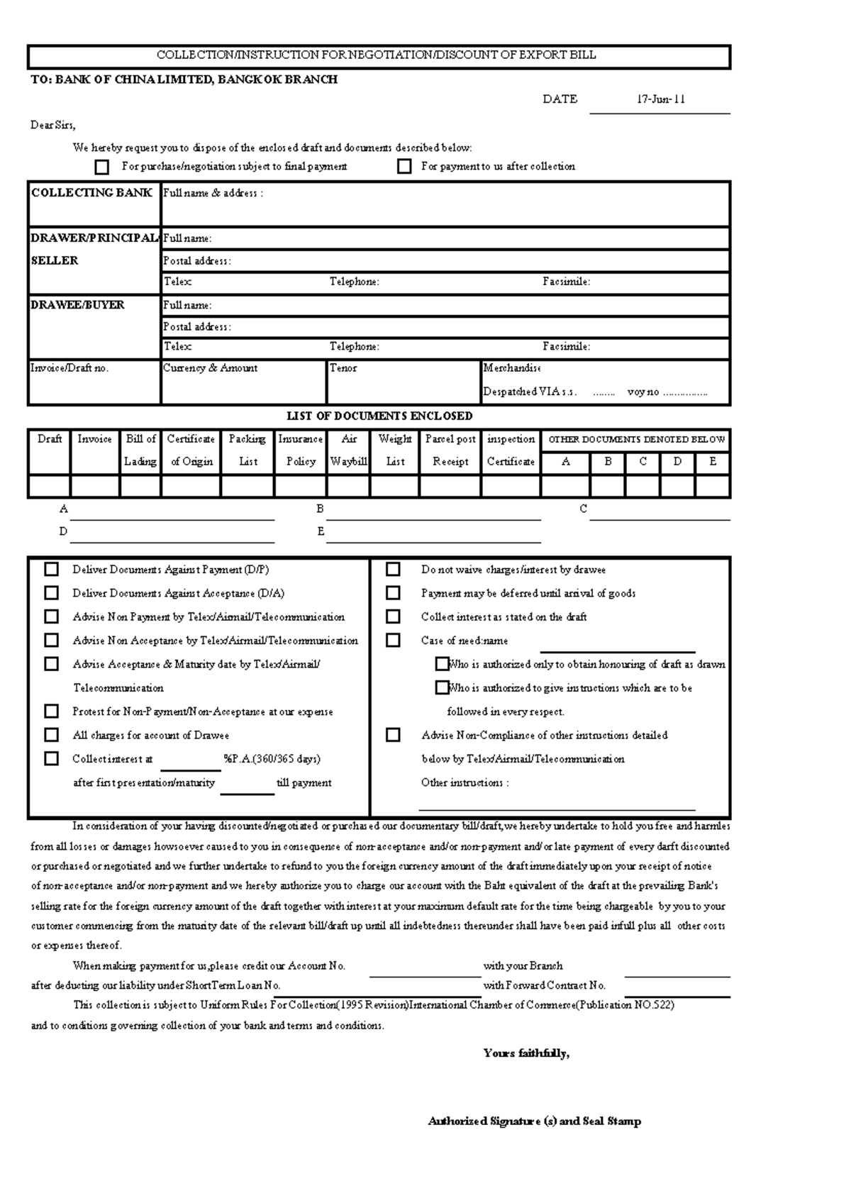 Collection Instructions for Negotiation/Discount of Export Bill - Studocu