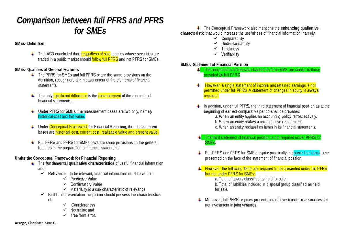 CFAS - Notes ON PFRS FOR SMES - Comparison between full PFRS and PFRS ...