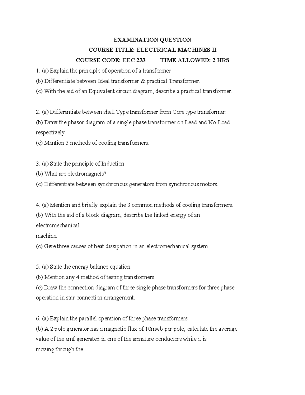 EEC 233 Final Exam Questions on Electrical Machines II - Studocu