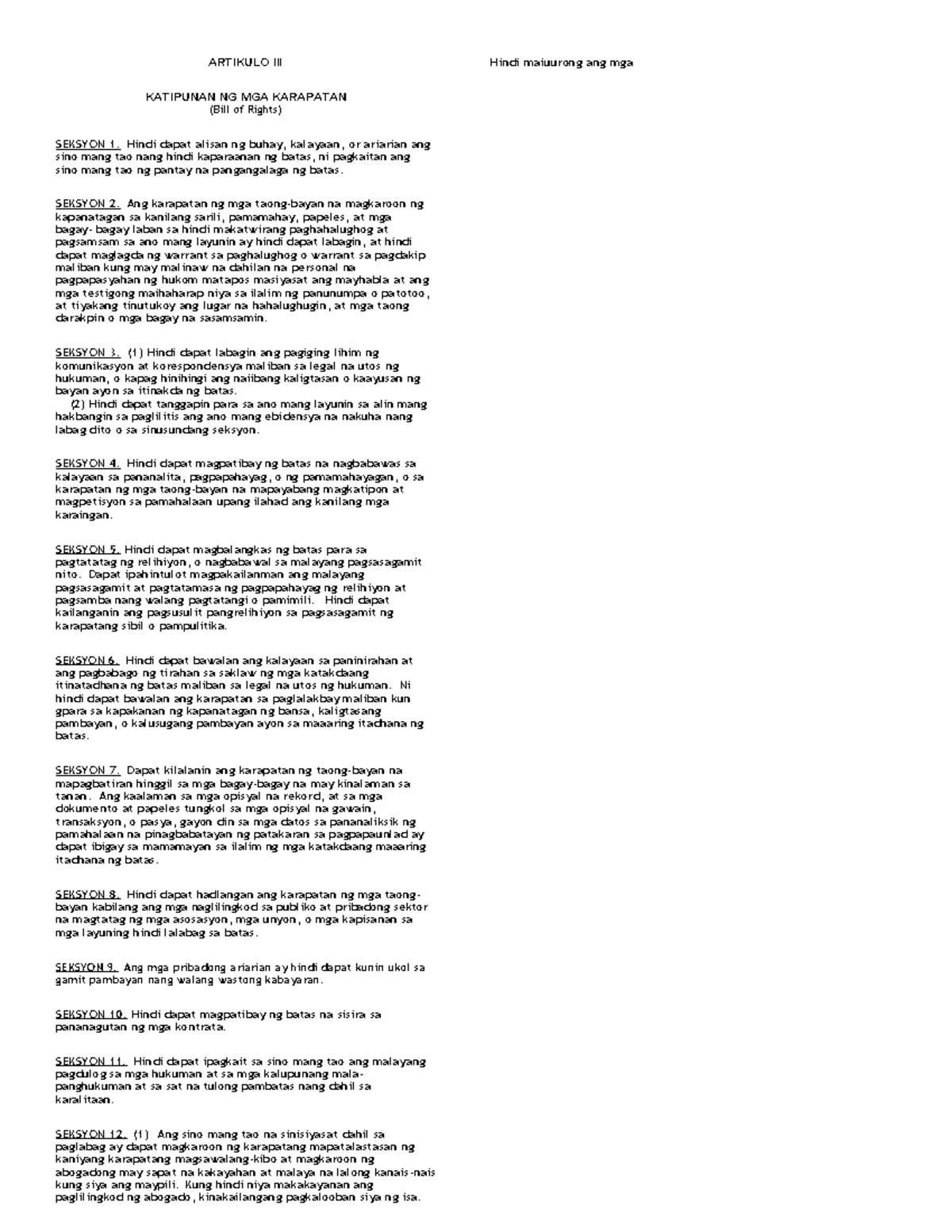 ARTIKULO KATIPUNAN NG MGA KARAPATAN (Bill of Rights) - Pagsusuri at ...