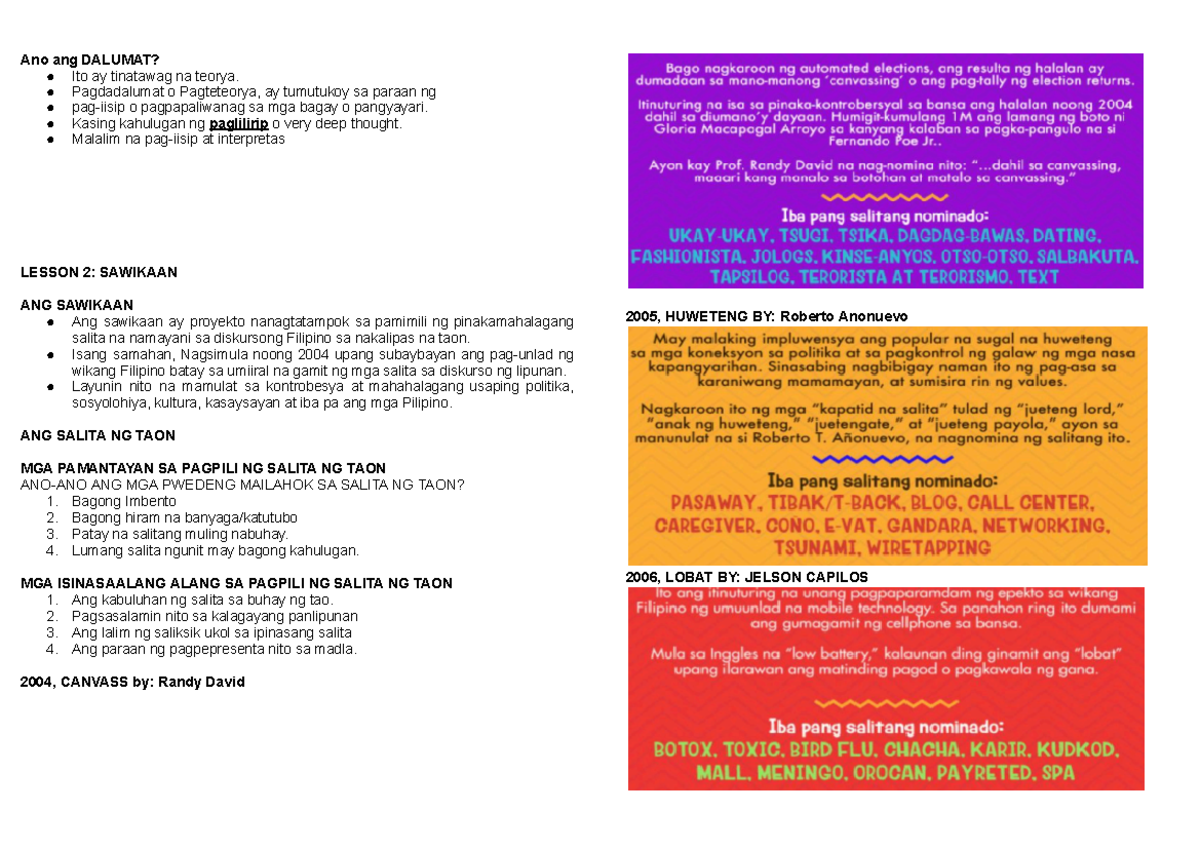 Salita ng Taon: Pamantayan at Halimbawa (2004-2020) - Lesson 2 - Studocu