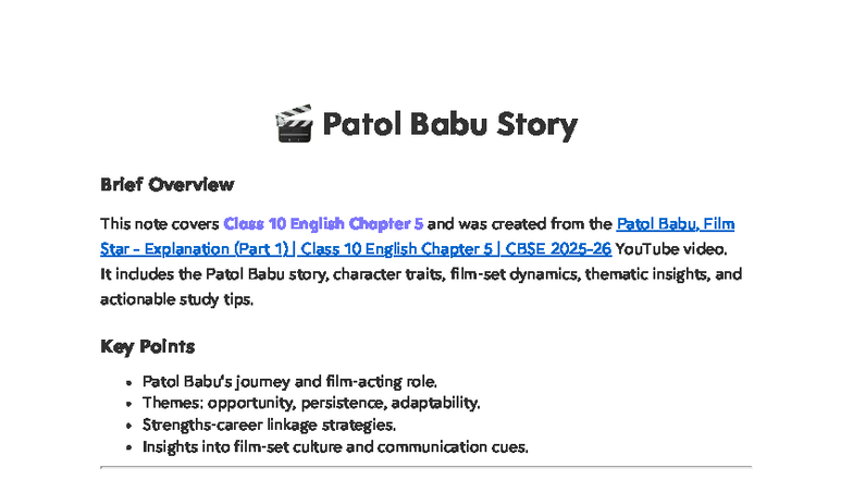 Patol Babu, Film Star - Class 10 English Chapter 5 Overview - Studocu