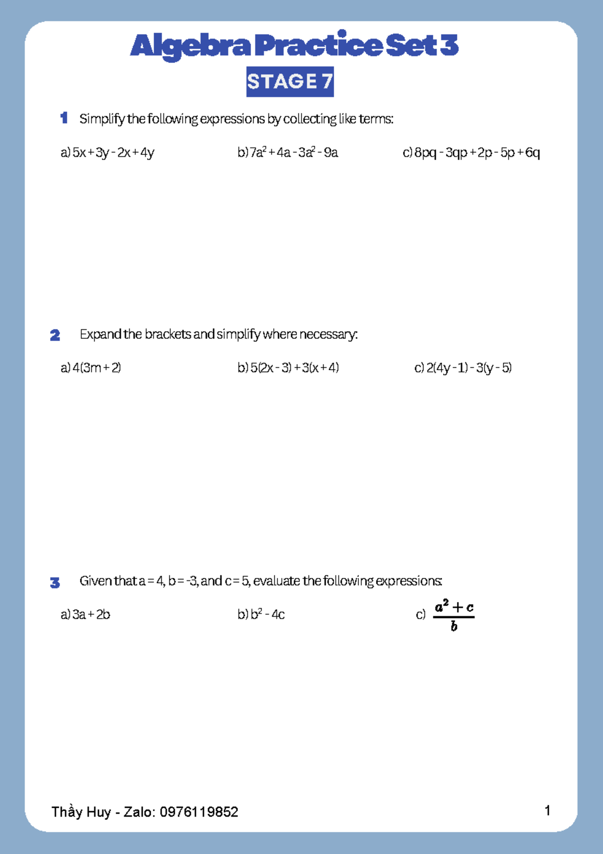 Maths Stage 7 Algebra Practice Set 3: Expressions, Sequences ...