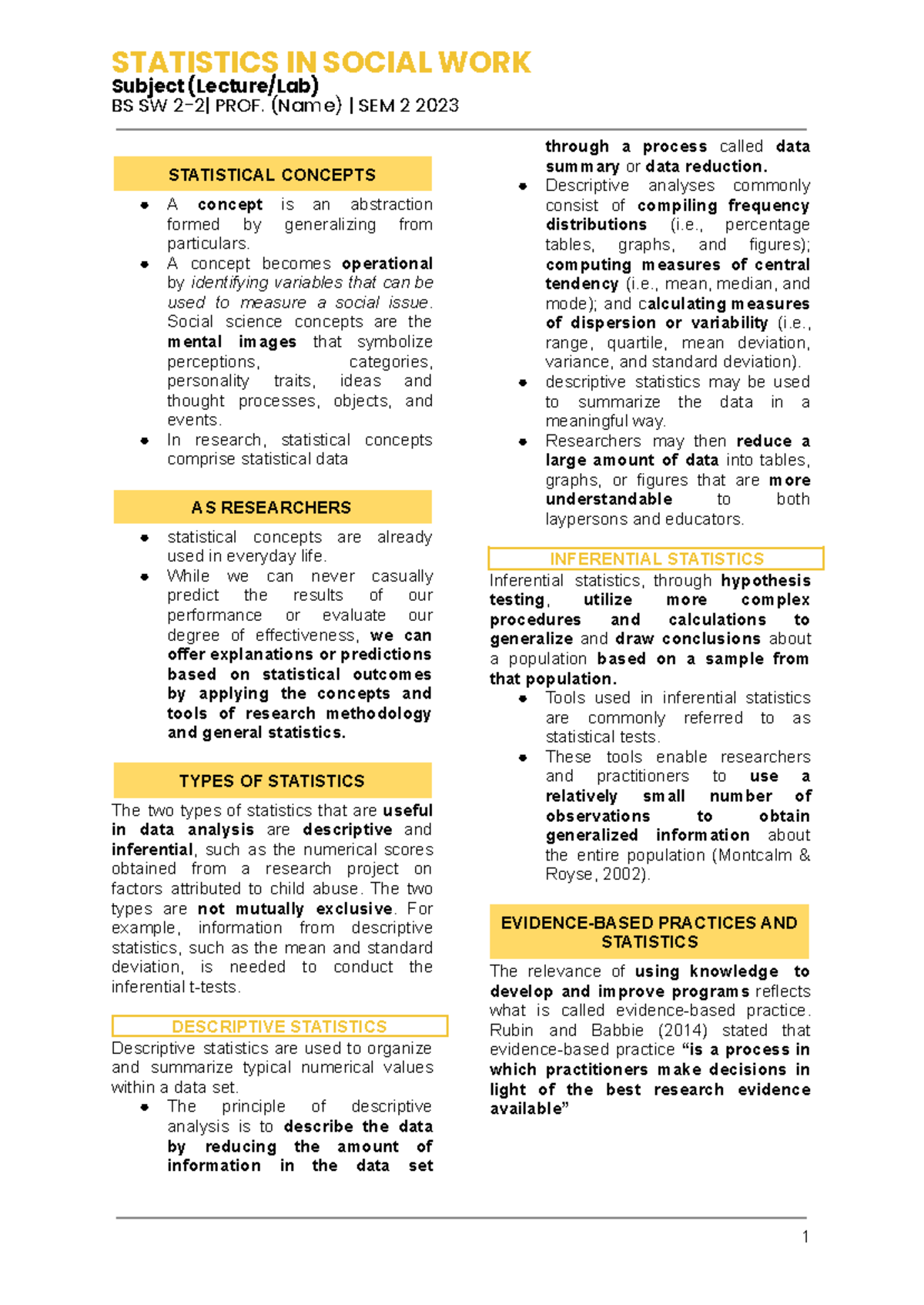 Statistics in Social Work (BS SW 2-2) - Lecture Notes - Studocu