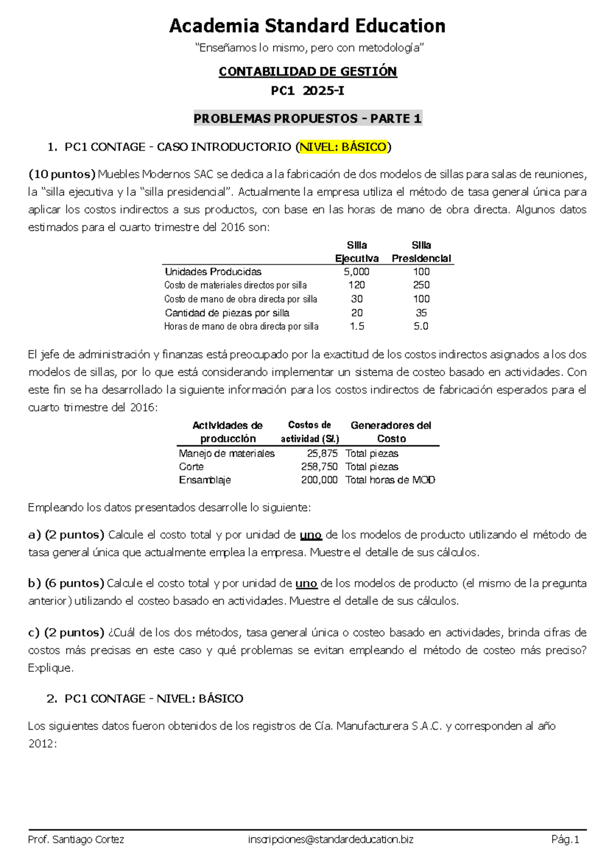PC1 Contage 2025-I: Problemas Propuestos en Contabilidad de Gestión ...