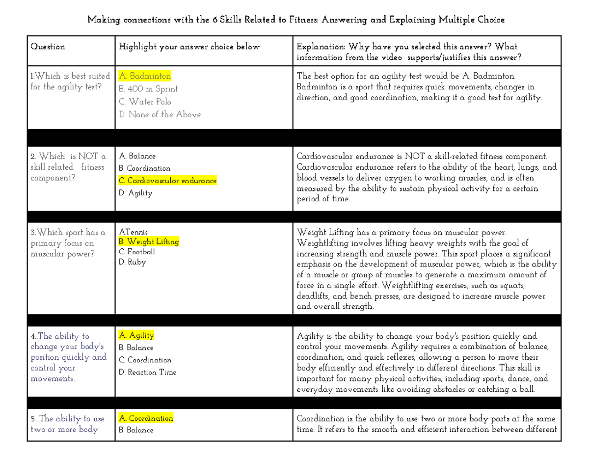 Fitness Components MCQ Quiz with Detailed Explanations - Studocu