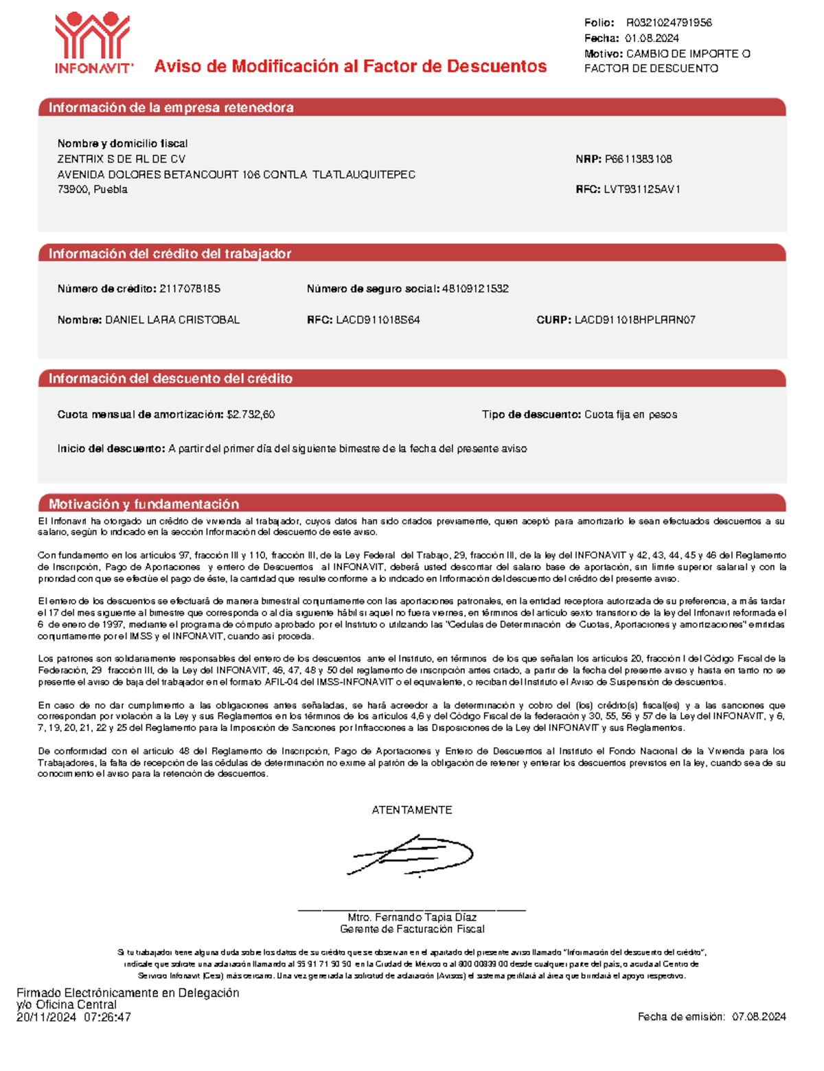 Aviso de Modificación al Descuento del Crédito Infonavit 2117078185 ...