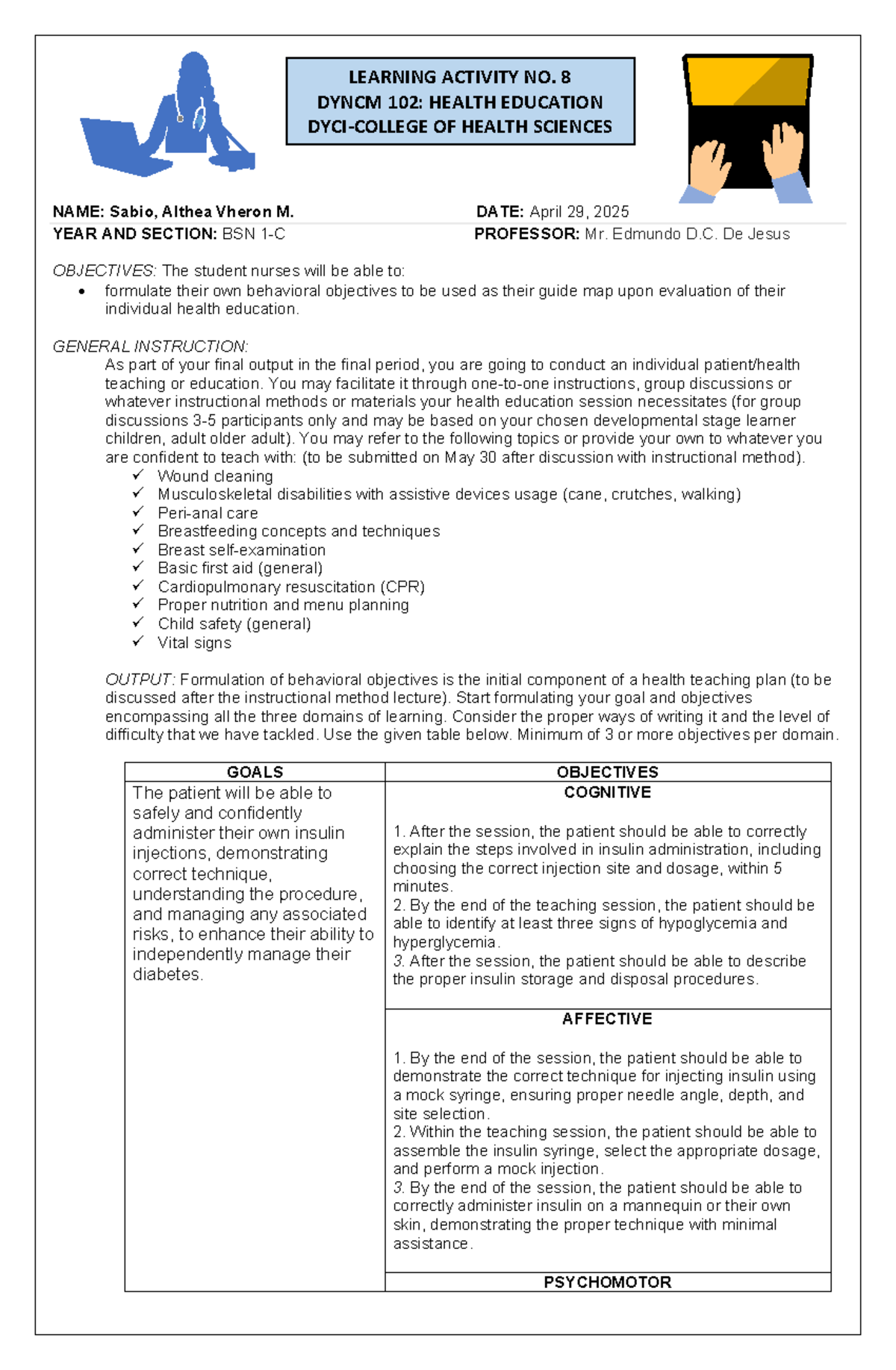 Final Output: Learning Activity No. 8 DYNCM 102 - Health Education ...
