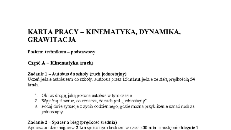 Karta Pracy: Kinematyka, Dynamika, Grawitacja - Klasa 3 Zadania - Studocu