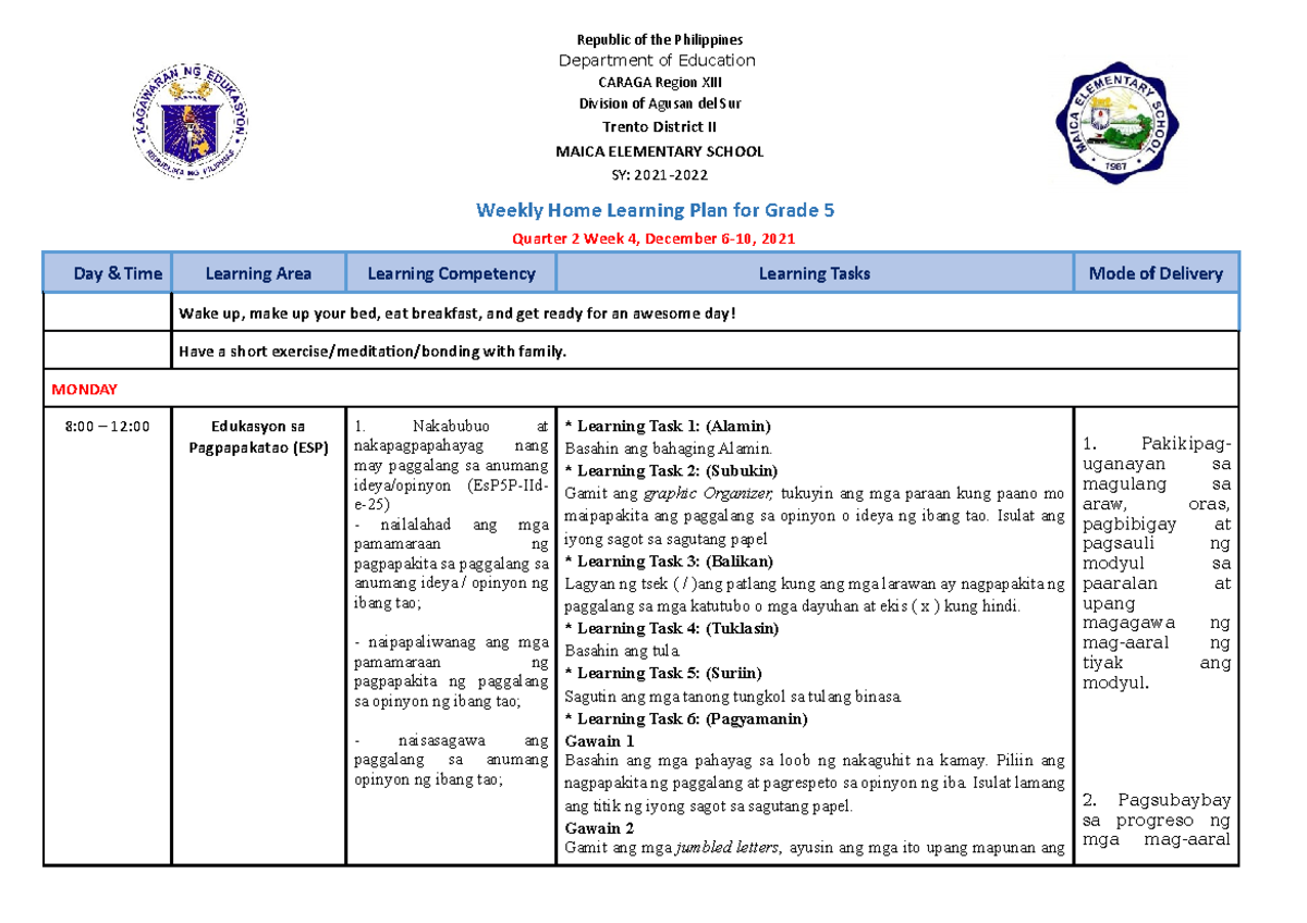 Grade 5 ALL Subjects WHLP Q2 W4 - Weekly Home Learning Plan for Grade 5 ...
