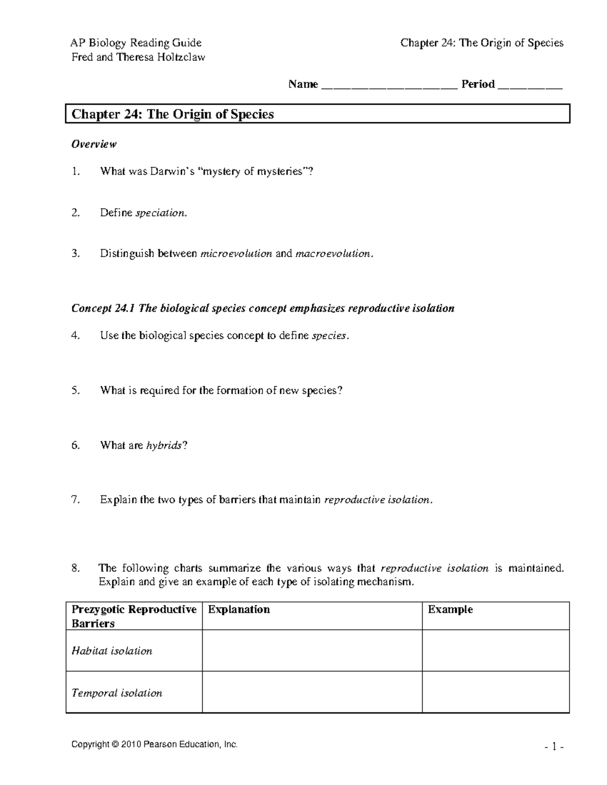 AP Biology Reading Guide: Chapter 24 - The Origin of Species - Studocu