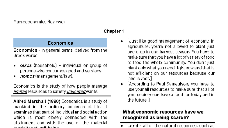 Macroeconomics Reviewer: Chapter 1 Overview and Key Concepts - Studocu