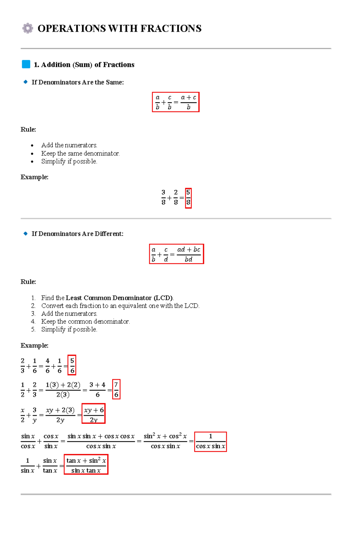 MATH 101: Operations with Fractions - Addition & Subtraction Rules ...