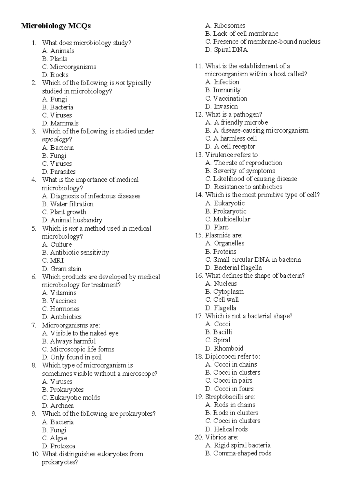 Microbiology MCQs - Comprehensive Quiz for Course Code: MCQ - Studocu