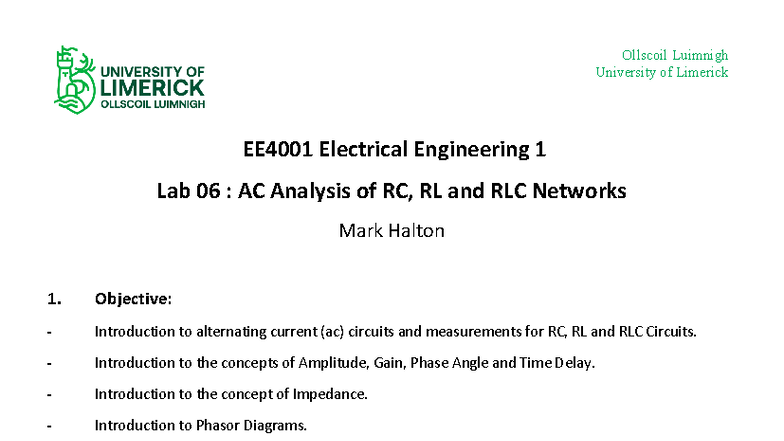 EE4001 - Lab 06 - AC Analysis of RC, RL, and RLC Networks - Studocu