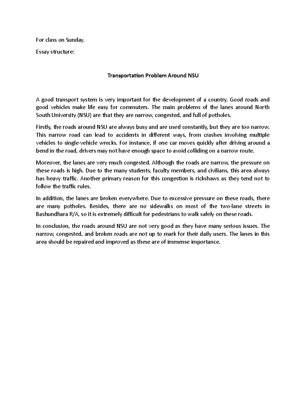 Eng 103 Essay: Analyzing Transportation Issues Near NSU - Studocu
