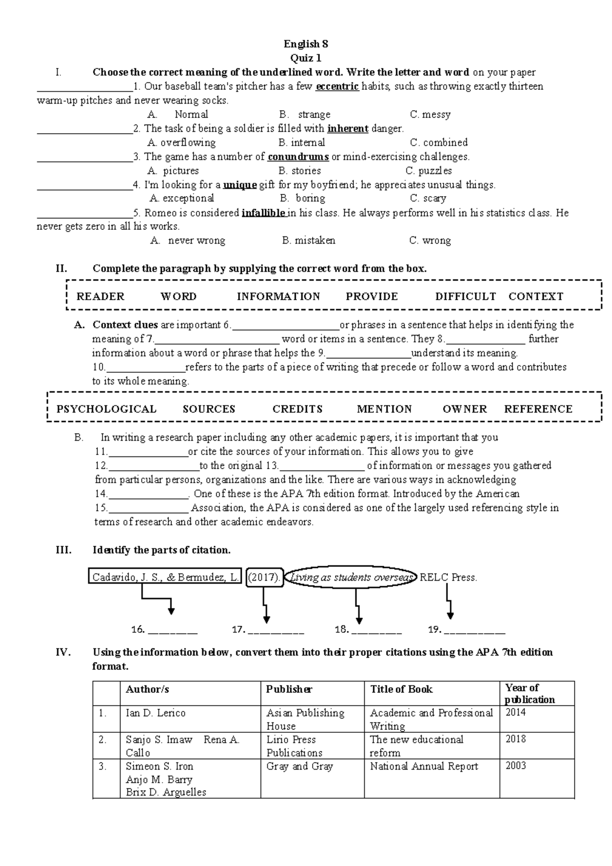 Quiz 1 - English 8 Vocabulary and Citation Skills - Studocu