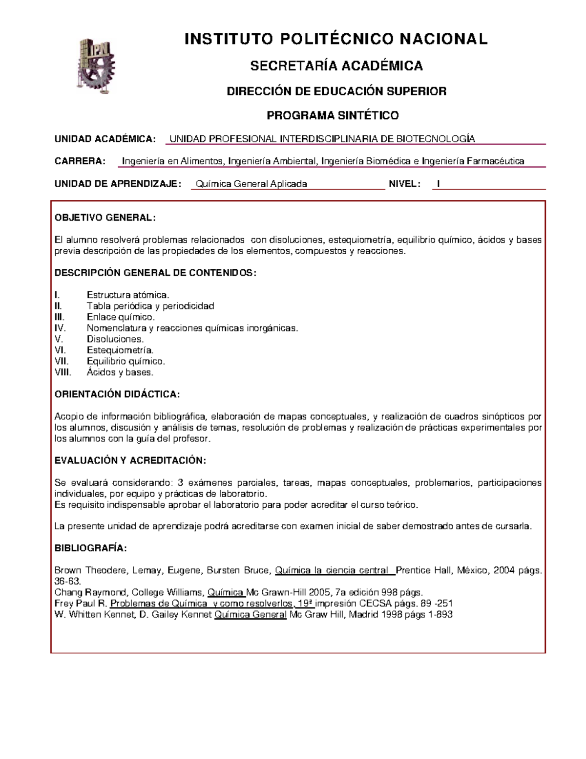 Química General Aplicada - Contenidos y Evaluación (Código: QGA I ...